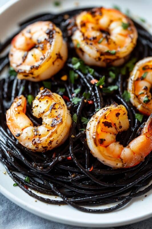 Vampire Pasta (Squid Ink Pasta with Garlic and Shrimp) - BeCentsational
